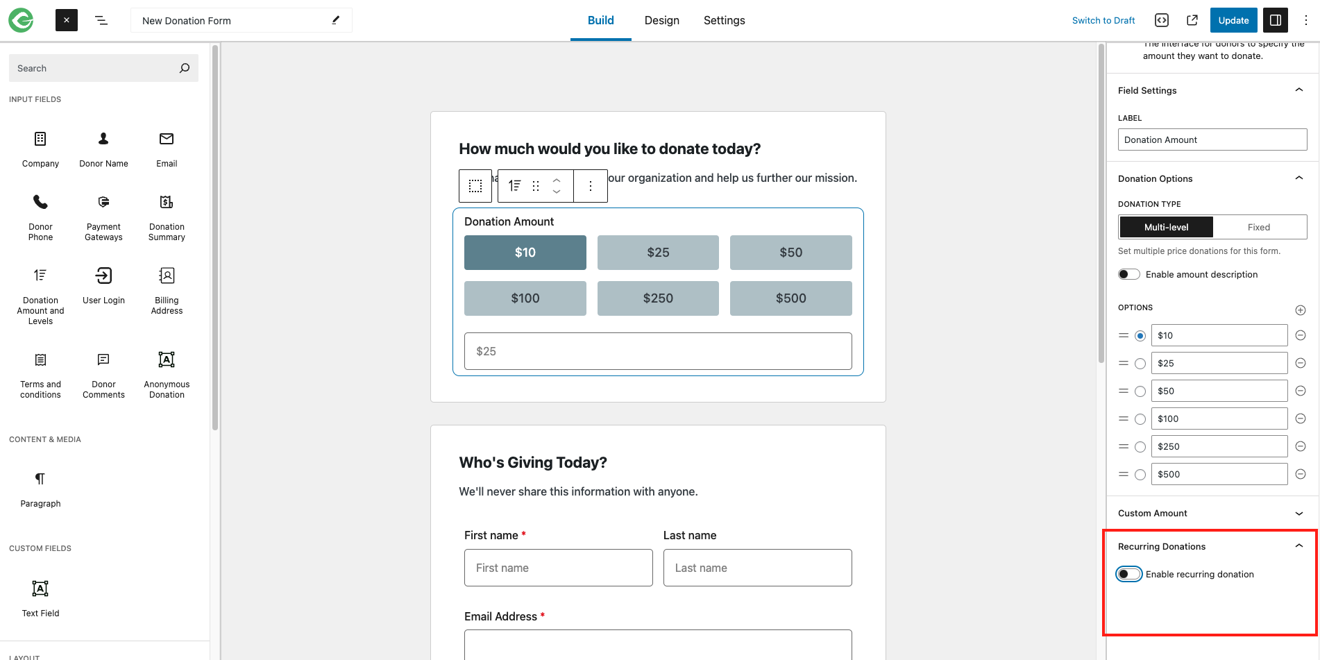 Recurring Donation Form Fields - GiveWP